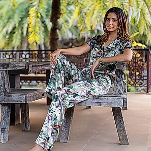 Anuschka Women’s Printed Pajama Set - Sleepwear Collection Made with 100% Recycled Poly Silk - Floral Passion, 1X