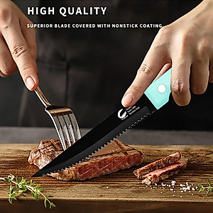 CuCut Steak Knife Set of 8, Triple Rivet Stainless Steel Serrated Dinning Knives, 4.5 Inch Sharp Black Coated Blade, Dishwasher Safe, Meat Knife for Dining Camping BBQ