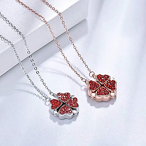 Lam Sence Sterling Silver Heart Shaped and Four Leaf Clover Convertible Pendant Necklace Crystals Jewelry for Women(Rose Gold)