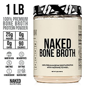 Naked Bone Broth – Beef Bone Broth Protein Powder – 20g Protein, Only 1 Ingredient – Gut Health and Joint Supplement – Unflavored – No GMO, Gluten, or Soy – 1 Pound