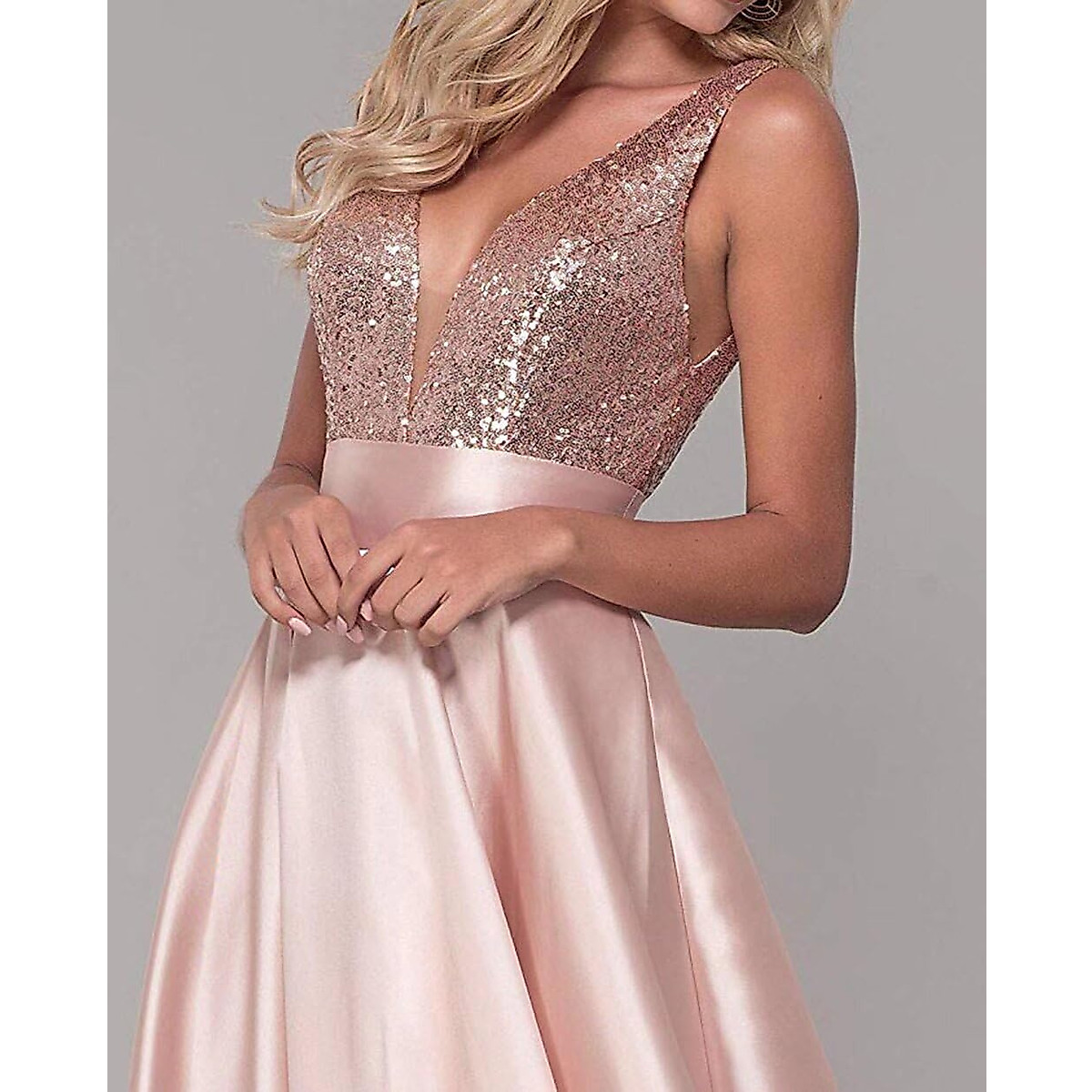 V Neck Prom Dress Sequins Satin Long 2025 New Formal Evening Dresses Ball Gowns for Women with Pockets Rose Gold