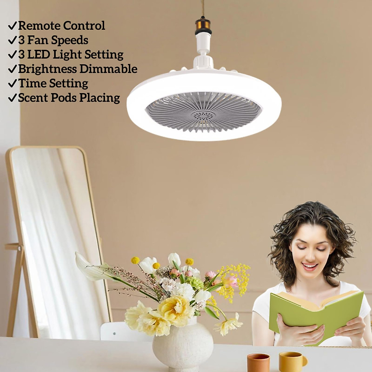 WOTOFULIN Socket Fan Light 10 Inches Socket Fan Ceiling Fan with Light Dimmable Remote Control 3 Fan Speeds E26 Light Socket Fan for Bathroom Bedroom Kitchen(Grey)