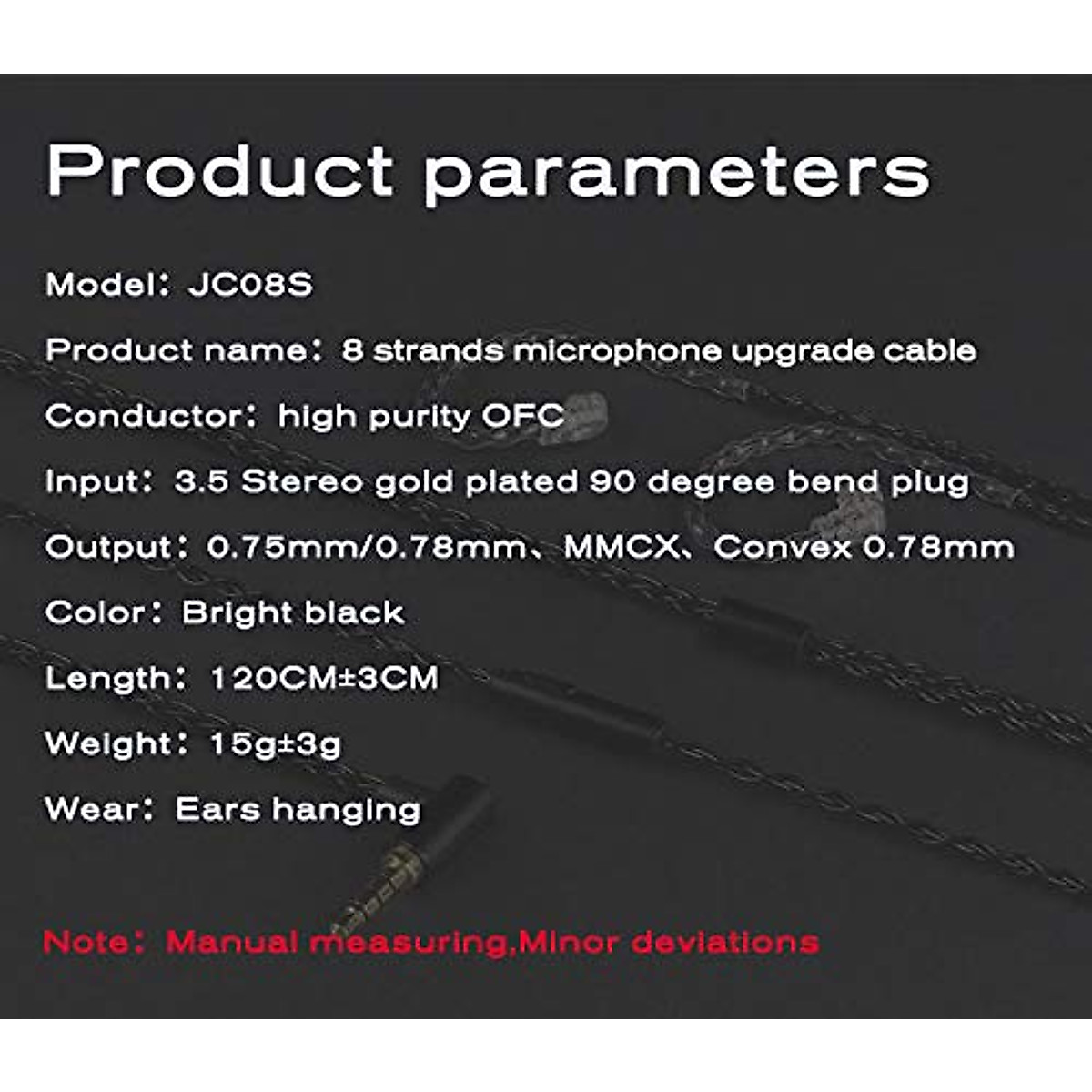 JCALLY Earbuds Cable, QDC Cable,Replacement Cable Oxygen-Free Copper Upgrade 5N OFC Headphone Wire 8 Shares 2Pin 0.78mm Earphone 3.5mm Wire with Microphone JC08S (Black) (Black 0.78mm)