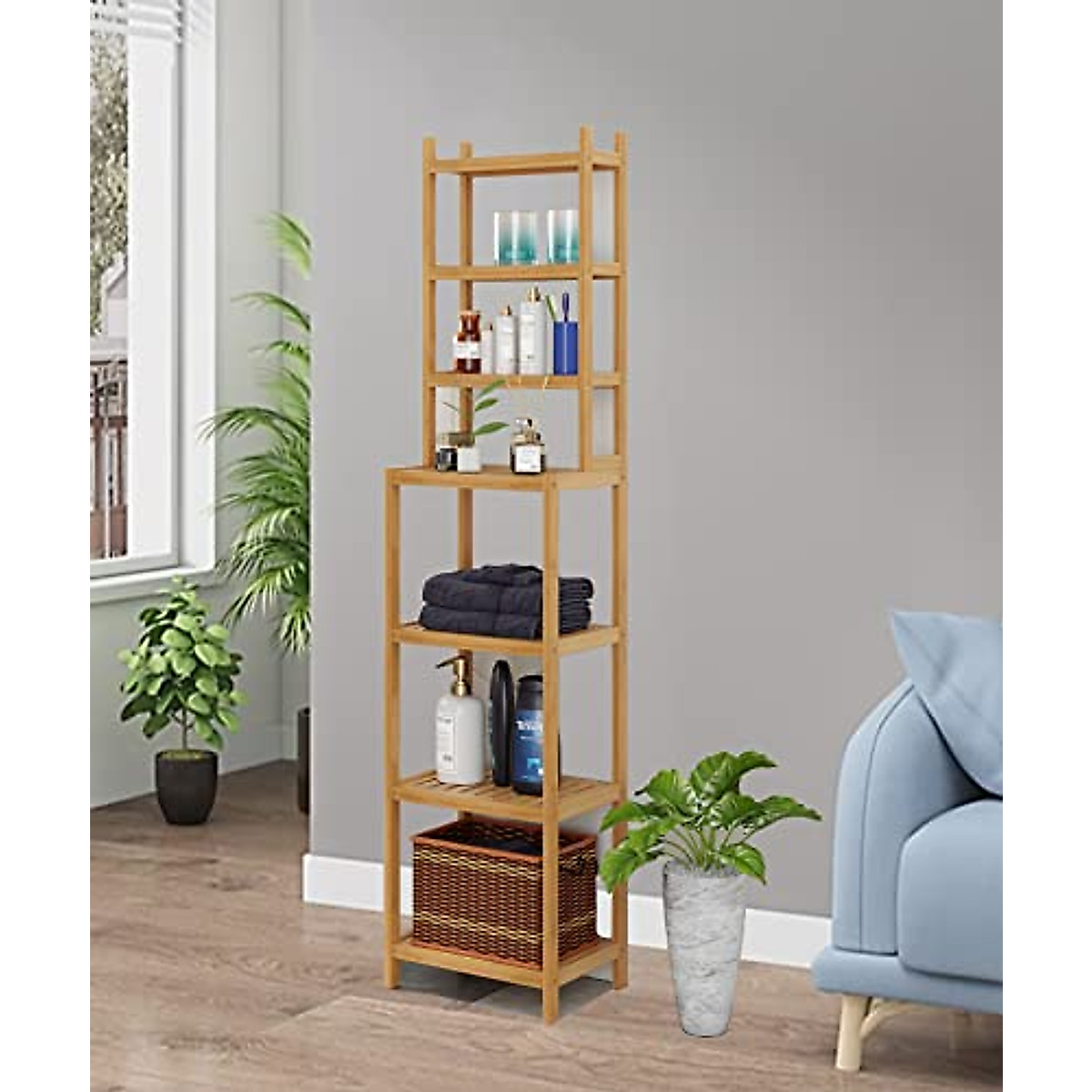 SOMY 7-Tier Bamboo Bathroom Shelf, Free Standing Storage Organizer Rack, Multifunctional Wood Corner Shelf Standing Rack Units for Living Room, Bathroom, Kitchen, Natural, 14L*11W*63H in