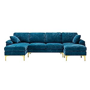 Olela Sectional Couch Velvet Upholstered U Shaped Modular Sectional Sofa with Golden Metal Legs for Living Room (Teal Blue)