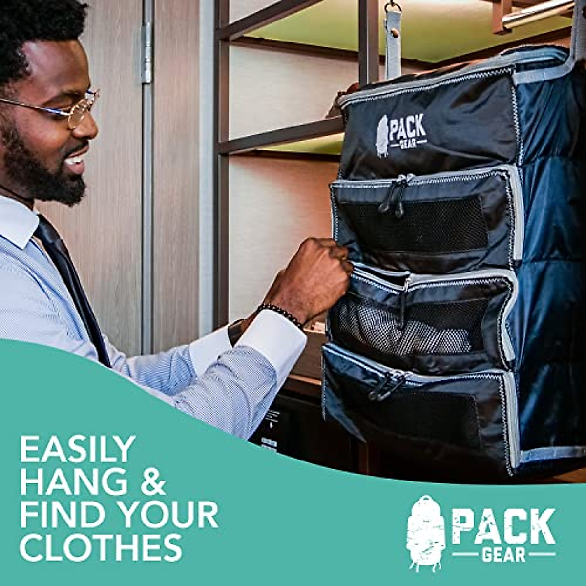 Pack Gear Suitcase Organizer | Pack More in your Large or Carry On Luggage | Unpack Instantly with these Compression Packing Cubes for Suitcases | Hanging Shelf Organizer for Closet (Black) (Medium)