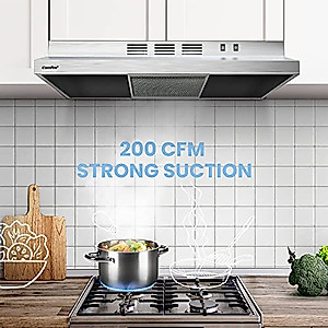 Comfee' CVU30W2AST 30 Inch Ducted Ductless Vent Durable Stainless Steel Kitchen Reusable Filter, 200 CFM, 2 Speed Exhaust Fan Under Cabinet Range Hood