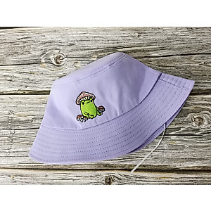 Enodtter Embroidered Frog with Mushroom Bucket Hat for Women Girl Men Kids, Light Purple Embroidery Beach Hat Outdoor Summer Travel Fisherman Cap
