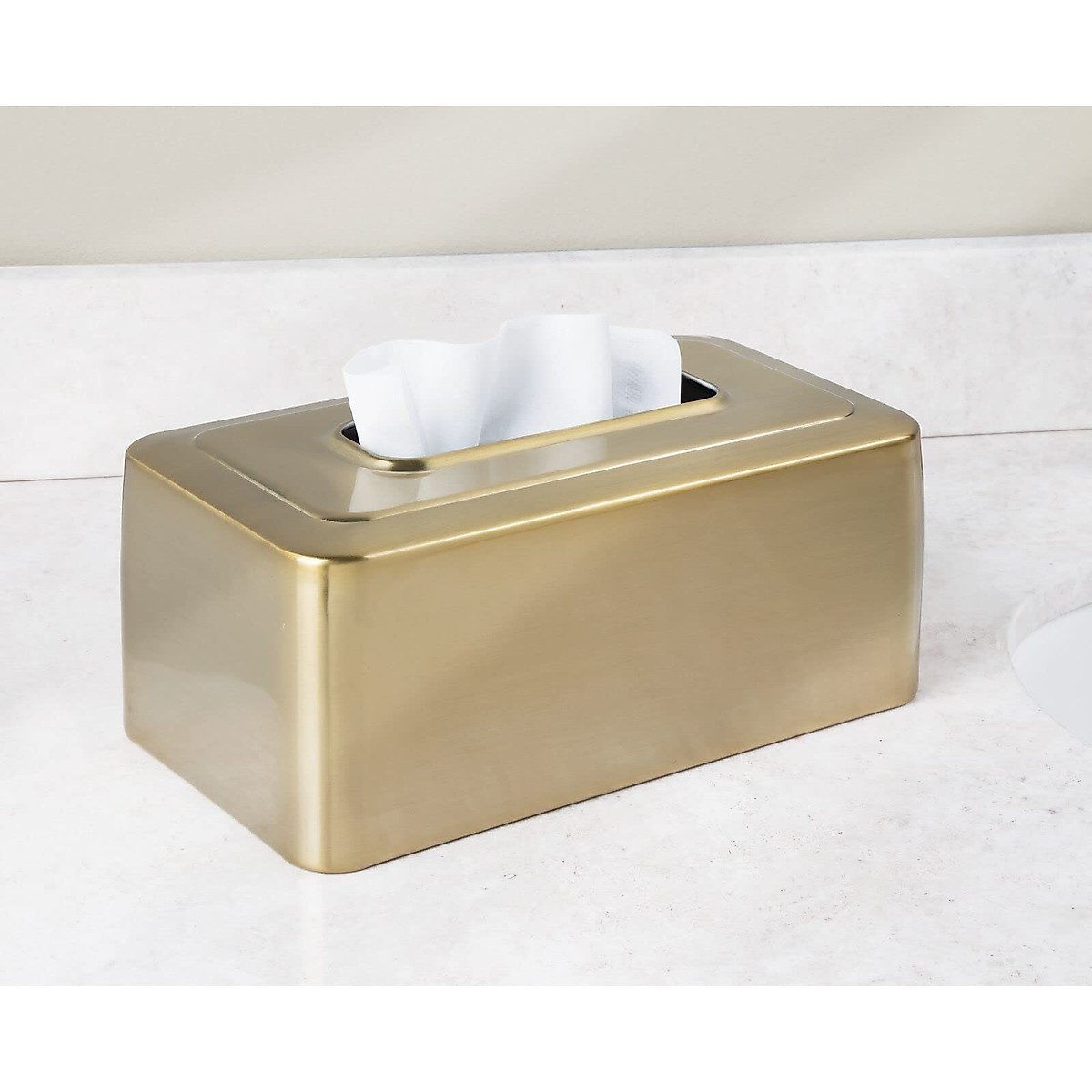 mDesign Metal Modern Tissue Box Cover Decorative Rectangular Facial Tissues Holder for Bathroom, Vanity, Countertop, Bedroom, Night Stand; Holds Tissue Boxes up to 4" Tall, Vivi Collection, Soft Brass