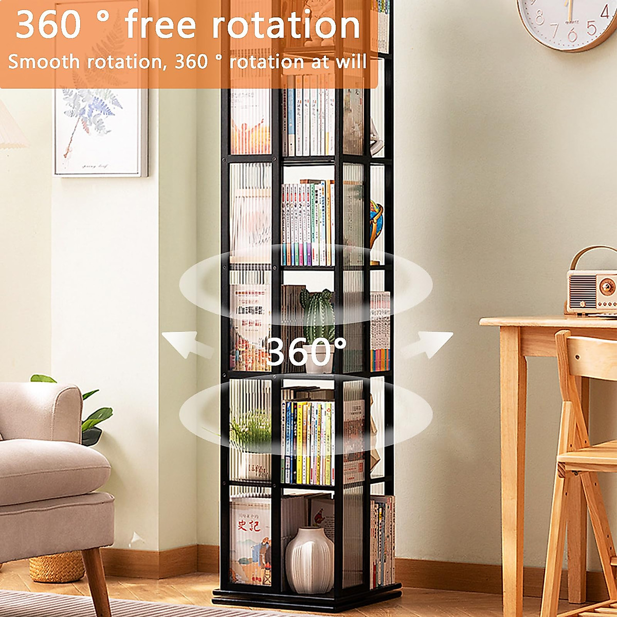 wrdela Rotating Bookshelf, 360 Display Corner Bookshelf for Small Space, 6 Tier Floor Standing Bookcase Storage Rack, Bamboo Narrow Organizer for Kid’s Playroom, Bedroom and Living Room (Black)