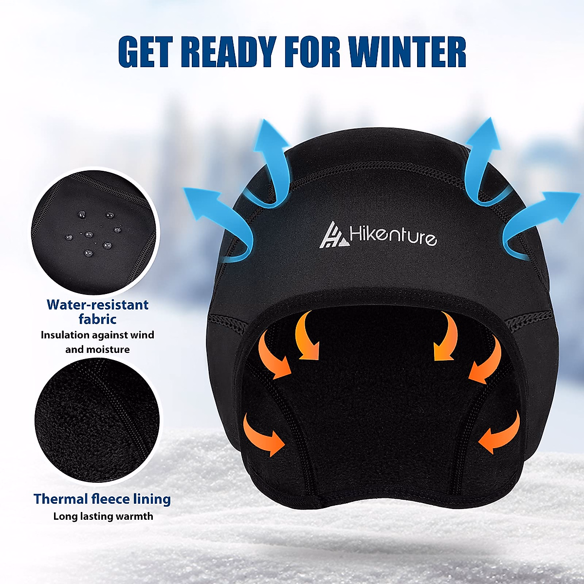 Hikenture Winter Skull Cap Helmet Liner, Thermal Cycling Cap Ski Hat for Men and Women, Cold Weather Running Beanie Fleece Bike Hat,Black