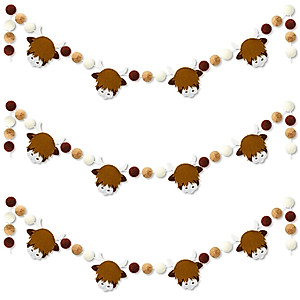 JarThenaAMCS 3Pcs Highland Cow Felt Garland Cute Brown Cow Hanging Banner Brown White Pom Ball Banner for Cowboy Birthday Party Baby Shower Party Supplies