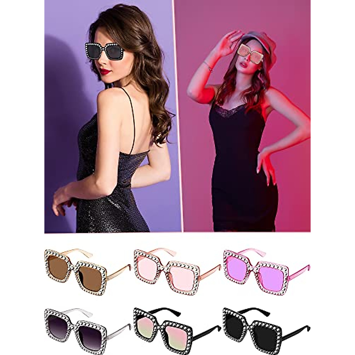 12 Pairs Crystal Oversized Sunglasses Rhinestone Square Diamond Sunglasses Frame Retro Sparkling Glasses for Women Men(Bright Colors)