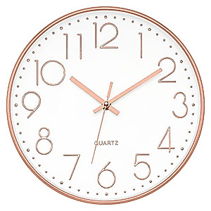 Foxtop Modern Wall Clock 12 Inch Non-Ticking Silent Battery Operated Round Quartz Rose Gold Wall Clock for Office Bedroom Living Room Kitchen Home School Decor