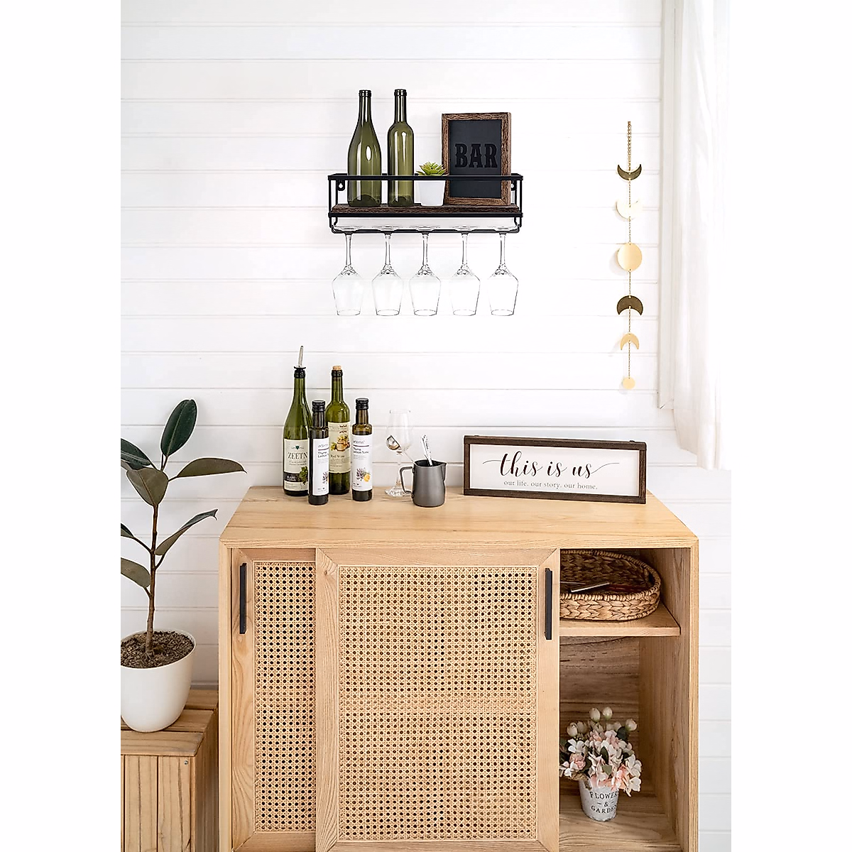 Mkono Wall Mounted Wine Rack - Bottle & Glass Holder Wood Rustic Floating Racks with Stemware Hanger Modern Plants Photos Wine Bottles Display Wall Storage Shelf for Kitchen Dining Room Home Bar