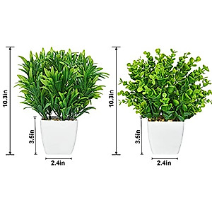 Artflower 2 Pack Artificial Eucalyptus Plants in Pots Mini Green Faux Potted Plants with Plastic White Vase Fake Aloe Grass for Home Indoor, Office, Desk, Table Bathroom Bedroom Decor