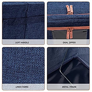 Tasmegol Foldable Clothes Storage Bins Stackable Steel Frame Closet Containers Organizer Bags Linen Cloth Clothing Box for Sweater Bedding Blanket（Navy 3 Pack 66L）