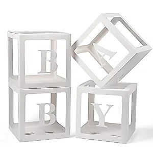 Voircoloria Baby Boxes with Letters for Baby Shower, 4 Transparent Balloon Boxes with Letters for Gender Reveal Birthday Wedding Baby Shower Decorations (White)