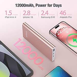 EnergyQC Pilot 5GS Portable Charger,12000mAh Fast Charging Power Bank Dual 3A High-Speed Output Battery Pack Compatible with iPhone 12 11 X Samsung S10 and More (5GS-Rose)