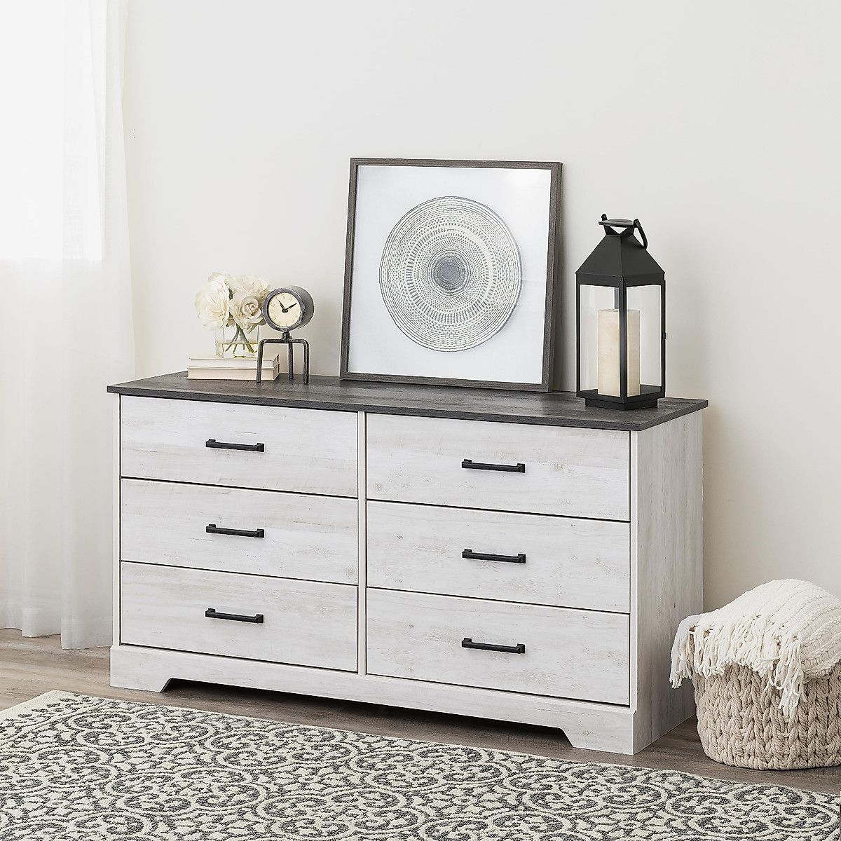 Prepac Rustic Ridge Farmhouse 6-Drawer Chest of Drawers for Bedroom, Wooden Bedroom Drawer Dresser with 6 Storage Drawers, 18.25in x 53.25in x 28.5in, Washed White, ADBR-1606-1