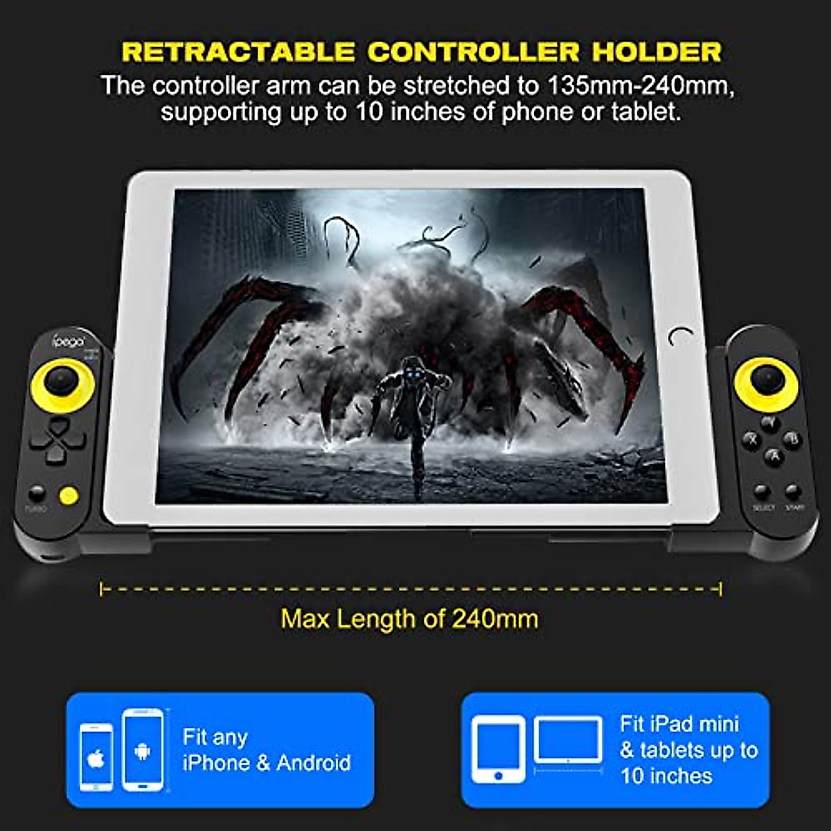 Joso Bluetooth Gaming Controller for iPhone, Android, PC, Direct Play, Stretchable, Gamepad Joystick for iPhone 14 13 12 Pro Max, Galaxy S23 S22 Ultra, iPad mini, Tablet Under 10", Fire HD 10, 8