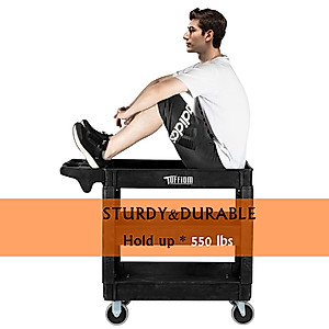 TUFFIOM Plastic Service Utility Cart, Support 550lbs Capacity Ergonomic Handle, Heavy Duty Tub Storage Cart W/Deep Shelves, Multipurpose Rolling 2-Tier Mobile Storage Organizer, for Warehouse Garage