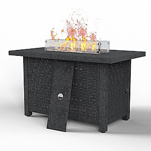 Essential Lounger 42 Inch Fire Pit Table, 50,000 BTU Rectangle Propane Gas Fire Pit, Outdoor Fire Pit Dining Table with Lid,Glass Wind Guard,Waterproof Cover,Lava Rocks - Steel