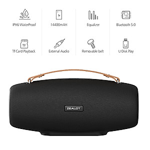 ZEALOT Bluetooth Speaker, Portable,Outdoor,Speakers Bluetooth Wireless Loud with BassUp Technology,IPX6 Waterproof,14,400MAh Battery,20H Play,Pairing,EQ,TF,AUX,Speaker for Party,Beach,Camping,Gifts