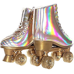 JajaHoho Roller Skates for Women, Holographic High Top PU Leather Rollerskates, Shiny Double-Row Four Wheels Quad Skates for Girls and Age 8-50 Indoor Outdoor (Size 5, Champagne Gold)