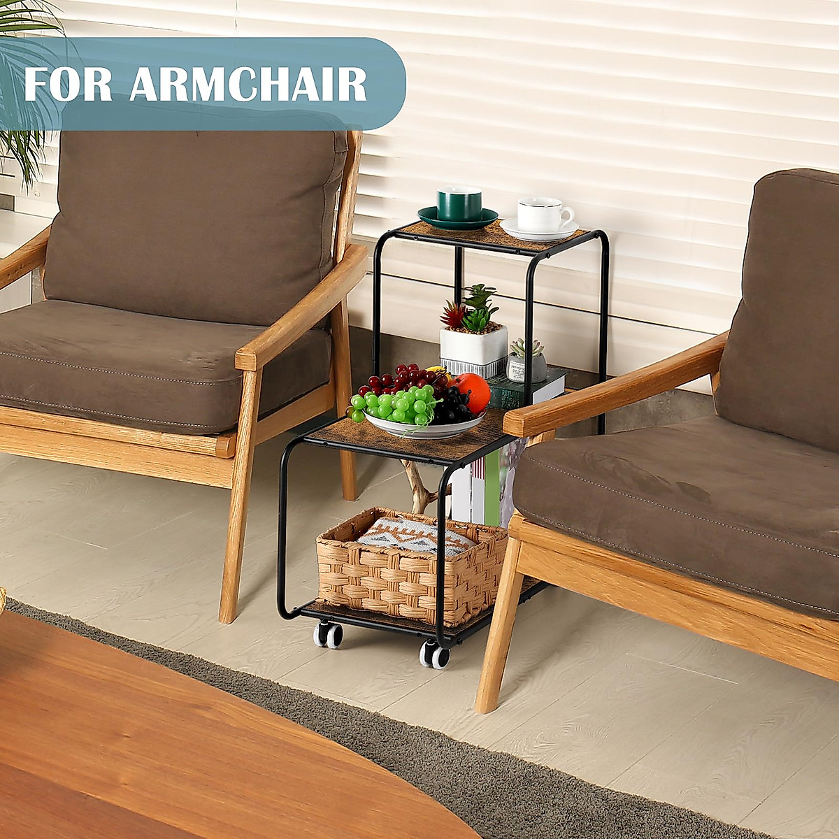 Luplom Side Table Set of 2, Couch End Tables for Small Spaces Narrow Bedside Table Chair Side Table with Wheels and Storage Dark Brown Night Stand for Bedroom Living Room, Rustic Brown