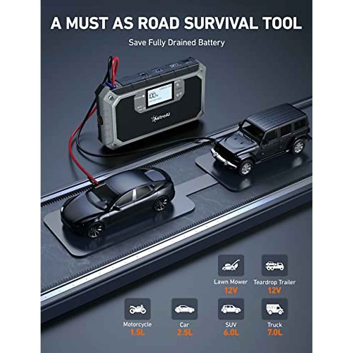 AstroAI Car Jump Starter, 2000A 12V 8-in-1 Battery Jump Starter, Up to 7.0L Gas & 3.0L Diesel Engines, 18000mAh Quick Charge 3.0 Power Bank, Informative LCD Screen with Cigarette adapter, Jumper Cable