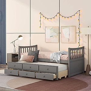 Harper & Bright Designs Twin Captain’s Bed Storage Daybed for Kids Guests Solid Wood Bed with Trundle and Drawers,Gray