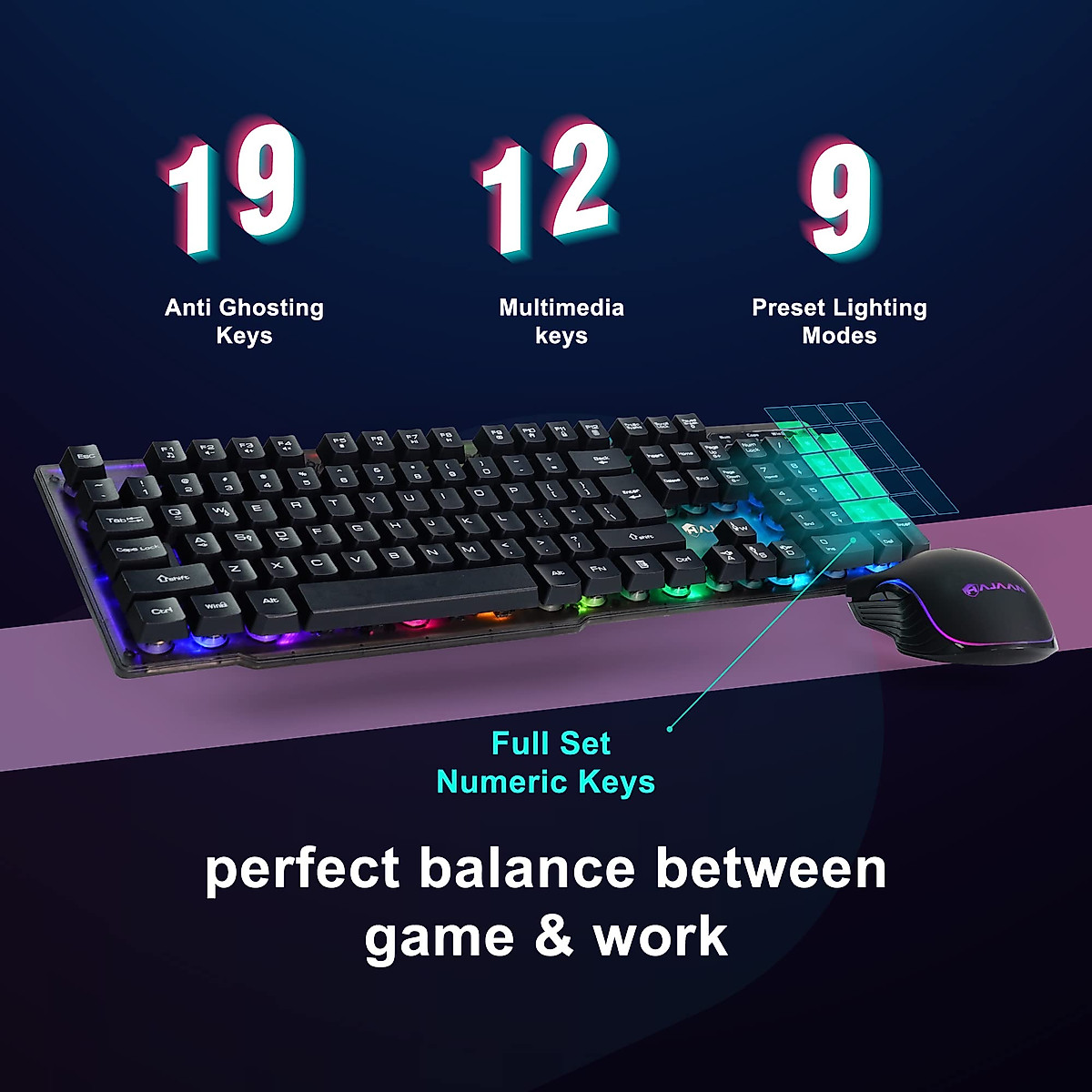 HAJAAN HC410-G Wired RGB Gaming Keyboard and Mouse Combo, with Multimedia and Anti-Ghosting Capability Keys, Upto 3200DPI Gaming Mouse for Windows PC Gamers- Black