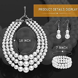 Haysandy 1920s Large Big Pearl Necklace Bracelet and Earring Wedding Faux Pearls Jewelry Set Multi Strand Simulated Pearl Necklace Chunky Pearls Costume Jewelry for Women Girls Bride Gift (White)