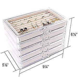 Frebeauty Extra Large Acrylic Jewelry Box for Women 5 Layers Clear Jewelry Organizer Velvet Earring Box with 5 Drawers Rings Display Case Necklaces Holder Tray for Women Girls (Beige)