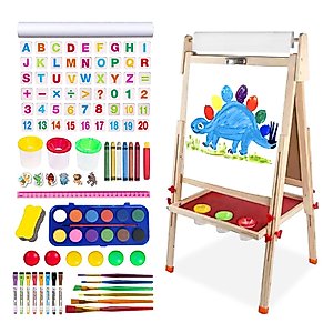 Easel for Kids Including 100+ Accessories - White Board for Kids and Black Board Double Sided Adjustable Wooden Kids Easel with 1 Drawing Paper Roll Wooden Magnetic Drawing Board for Kids
