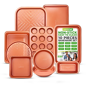 NutriChef 10-Piece Nonstick Oven Baking Pan Set - Premium Carbon Steel Bakeware w/Cookie Sheets, Loaf & Cupcake Pans, Perforated Crisper Pans, Round & Square Roasting Pans, Easy to Clean - Copper