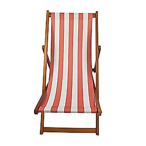MONSTRUNO Beach Chair Wood Sling Red Stripe Patio Chair, Recliner Camping Chairs, Folding Lounge Chair, Adjustable Backrest, 220 Lbs Weight Capacity