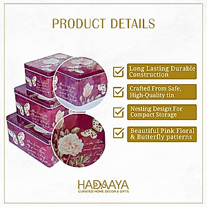 hadaaya Pack of 3 Rectangle Cookie Tins With Lids Multipurpose Tin Container for Cookies,Candies, Kitchen Storage, Stationery - BURGUNDY FLORAL BUTTERFLY