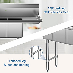 HARDURA Stainless Steel Kitchen Sink With 3 Compartments, Commercial Sink Right Drainboard Freestanding NSF Certified Utility Basin 10" L X 14" W X 10" D Bowl For Kitchen & Restaurant, Laundry Room