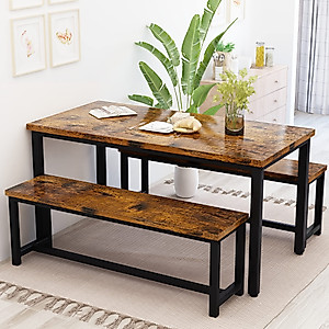 Recaceik Dining Table Set for 4 Kitchen Table Set with 2 Dining Benches, 3 Piece Farmhouse Dining Room Table Set Industrial Breakfast Nook Table Set for Small Space, Apartment, Rustic Brown