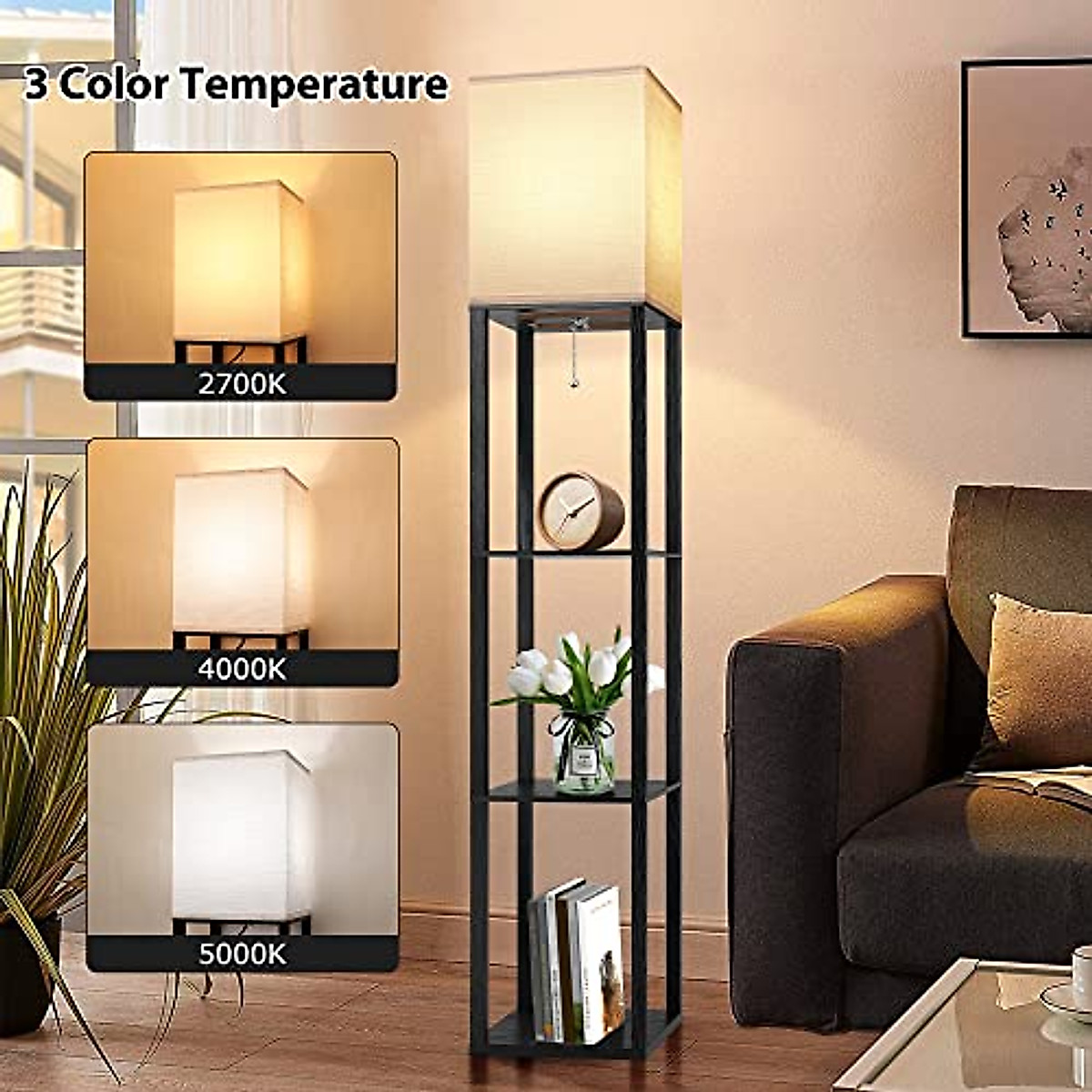 Floor Lamp with Shelves for Living Room, Shelf Floor Lamp with 3 CCT LED Bulb, Corner Display Standing Column Lamp Etagere Organizer Tower Nightstand with White Linen Shade for Bedroom, Office