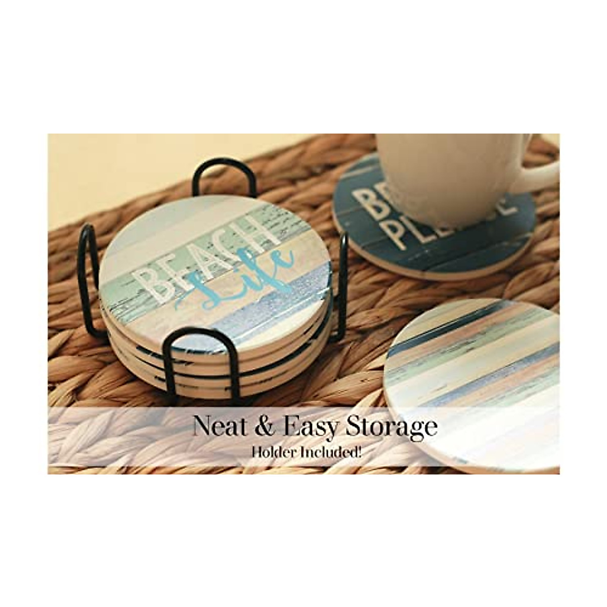 PANCHH Beach Coastal & Ocean Sea Tropical Theme Coasters for Drinks, Kitchen Decor and Gifts for Beach House and Home Beach Bars - Coasters for Wooden Table - Set of 6 with Holder, Absorbent