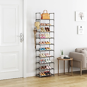 WOKKOW Shoe Rack Organizer, 10 Tier Tall Narrow Shoe Rack for Closet Entryway, Shoe Storage Shelf Holds 20-25 Pairs with Hooks, Gray