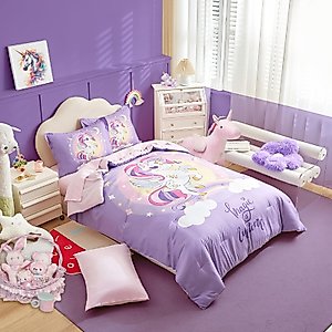 Girls Bed in a Bag Full Size Purple Unicorn Comforter Set with Rainbow Star - Soft Microfiber 7 Pcs Bedding Set (1 Comforter 2 Pillow Shams 1 Flat Sheet 1 Fitted Sheet 2 Pillowcases)