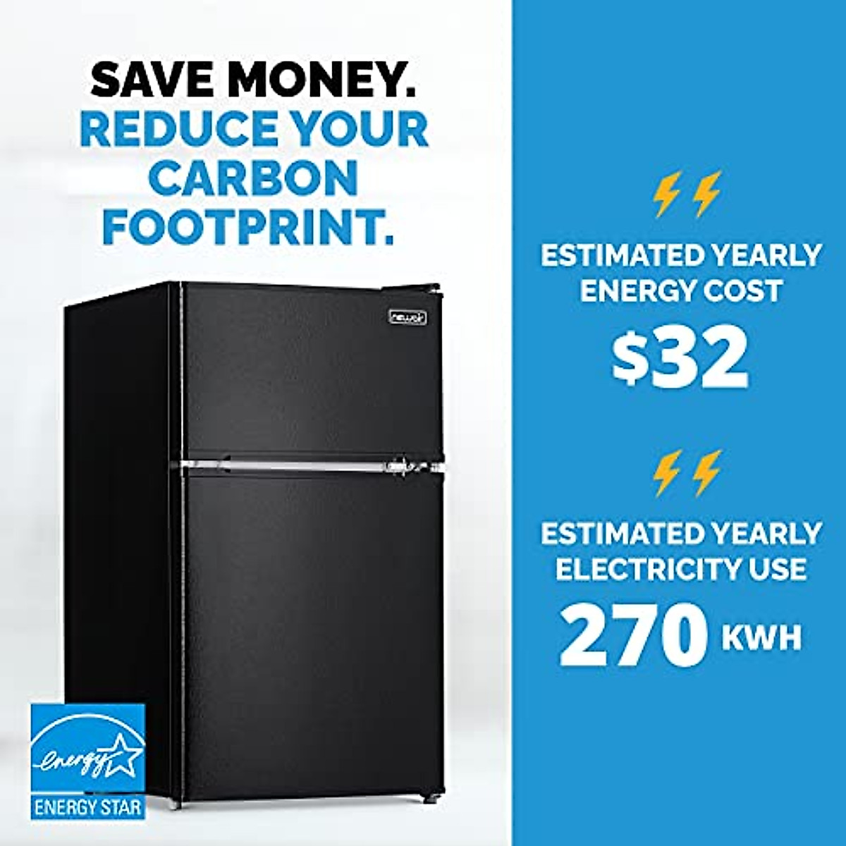 NewAir 3.1 Cu.Ft Black Mini Fridge with Freezer, 2.2 Cu.Ft Fridge, 0.9 Cu.Ft Freezer | Small Refrigerator,Dorm Refrigerators with Freezer,Compact Refrigerator, Energy Efficient