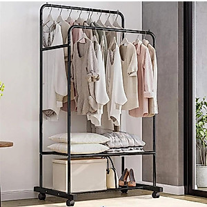 MOUTIK Double Rod Clothing Hanging Rack: Metal Rolling Garment Organizer Hanger with 2 Tier Storage Shelves - Industrial Rail Hang Clothes Display Stand on Wheels for Coat Dress Bedroom Black