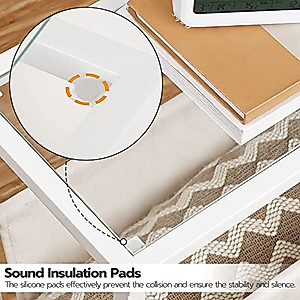 HOOBRO Narrow Side Table, Tempered Glass End Table with Fabric Magazine Sling, Small Coffee Accent Table, Bedside Table for Small Space, Bedroom, Living Room, Modern Style, White WT66BZ01