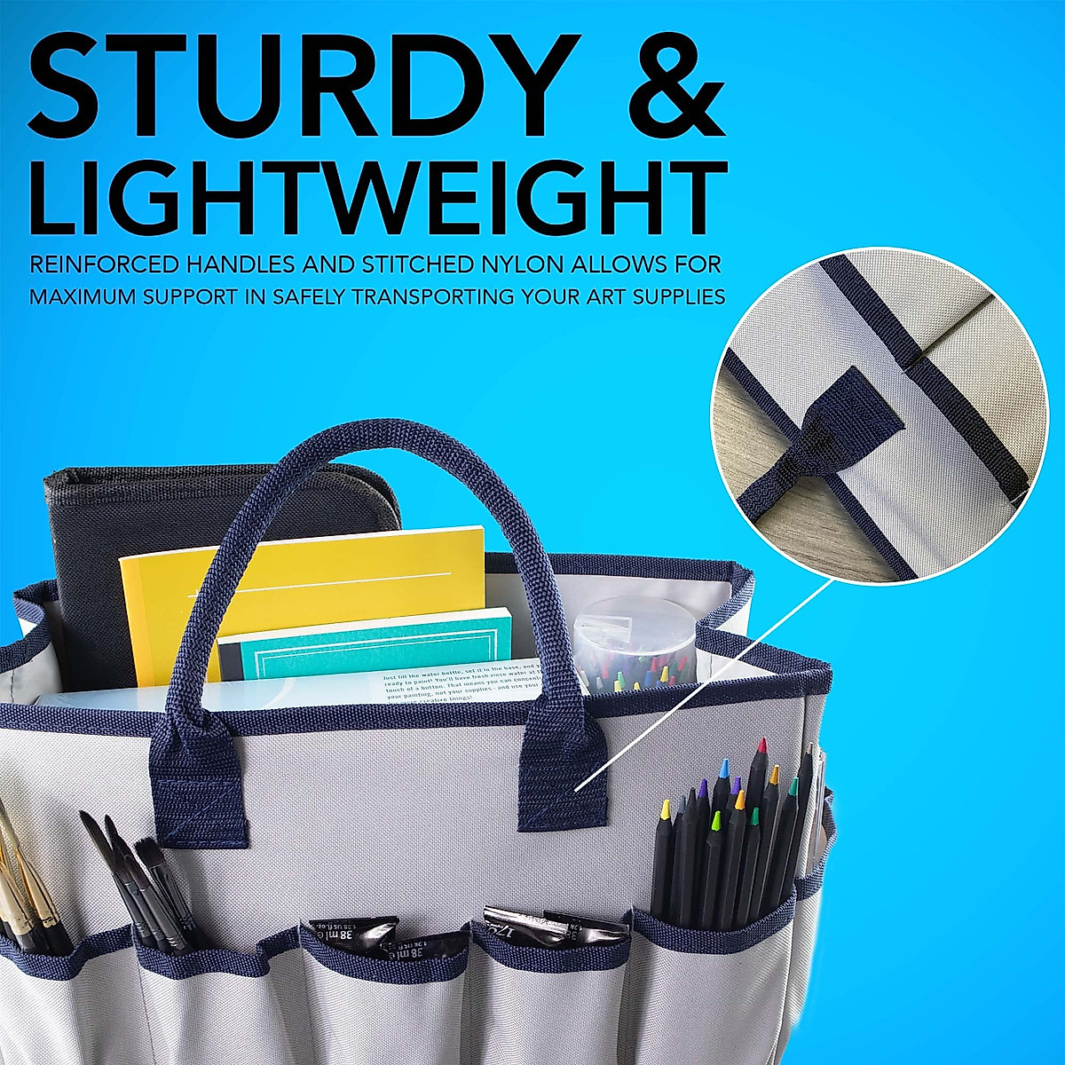 Itoya ProFolio Entourage Tote Bag Organizer with 12 Pockets - Gray Craft Organizer and Art Supply Case with Navy Handles - Art Bag and Craft Storage Organizer - Art Caddy Sewing Organizer and Storage