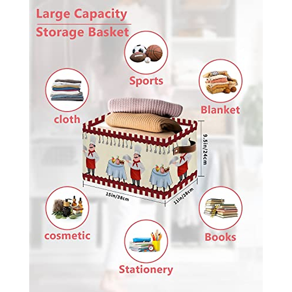 Storage Baskets for Organizing, Toy Box Chest Chef Gourmet Knife And Fork Foldable Cube Storage Bin with 2 Leather Handles Set of 1